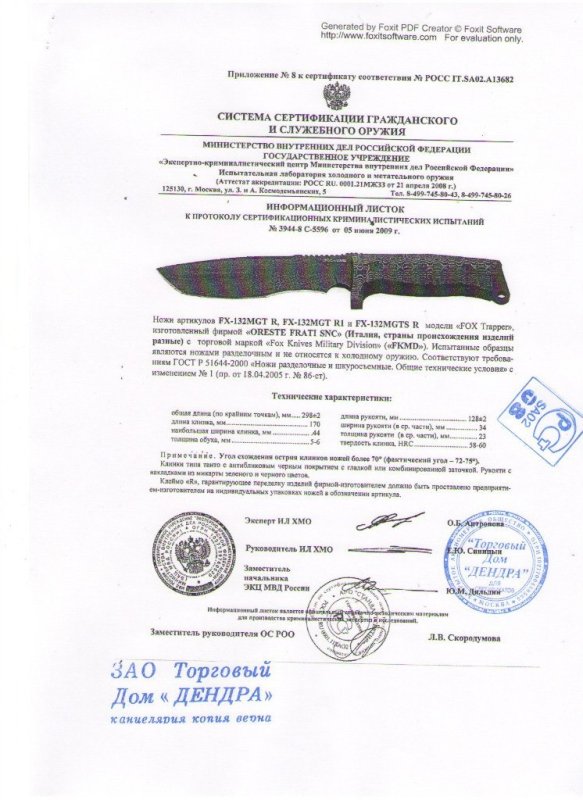 Сертификаты на ножи FOX