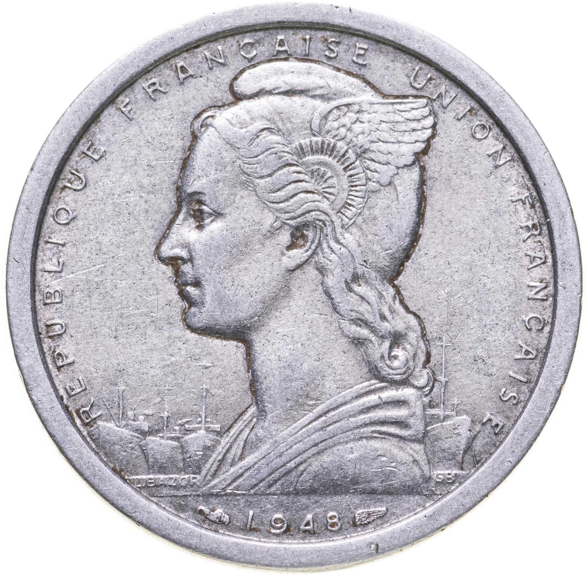 Монета Мадагаскар 2 франка (francs) 1948 стоимостью 688 руб.