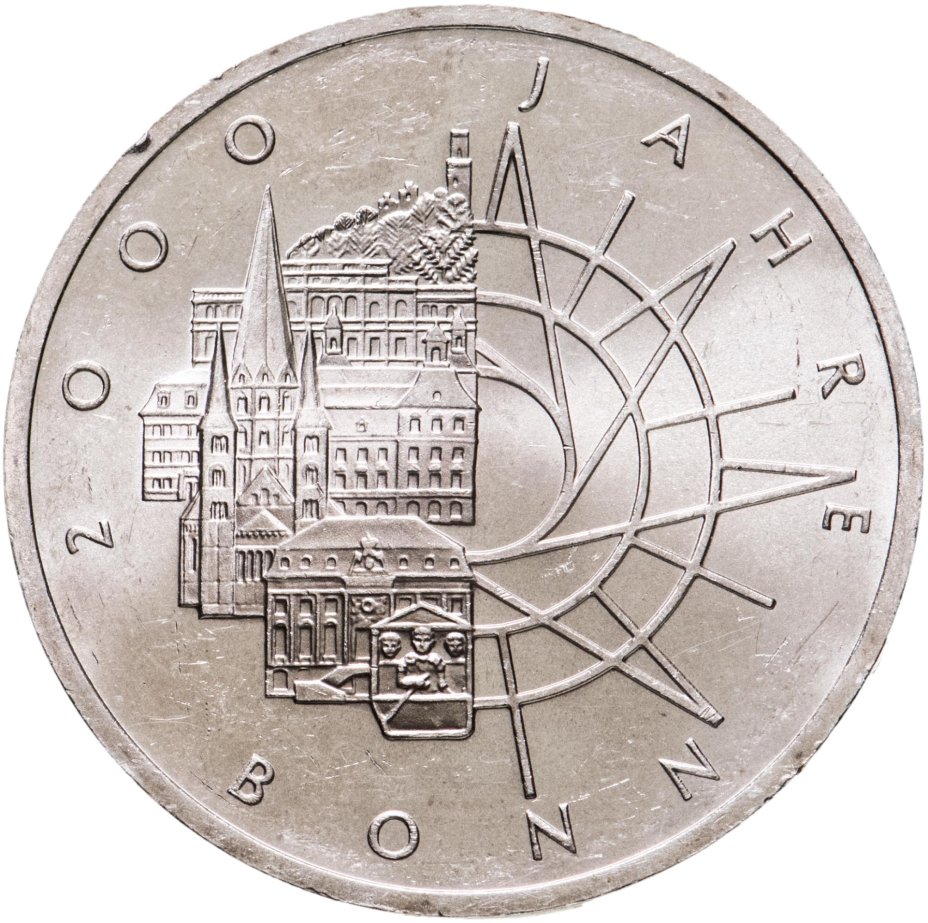 Монета Германия 10 марок 1989 "2000 лет городу Бонн" стоимостью 2116 руб.