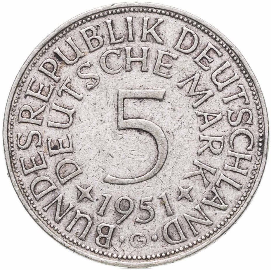 Германия 5 марок (deutsche mark) 1951 G знак монетного двора: "G ...