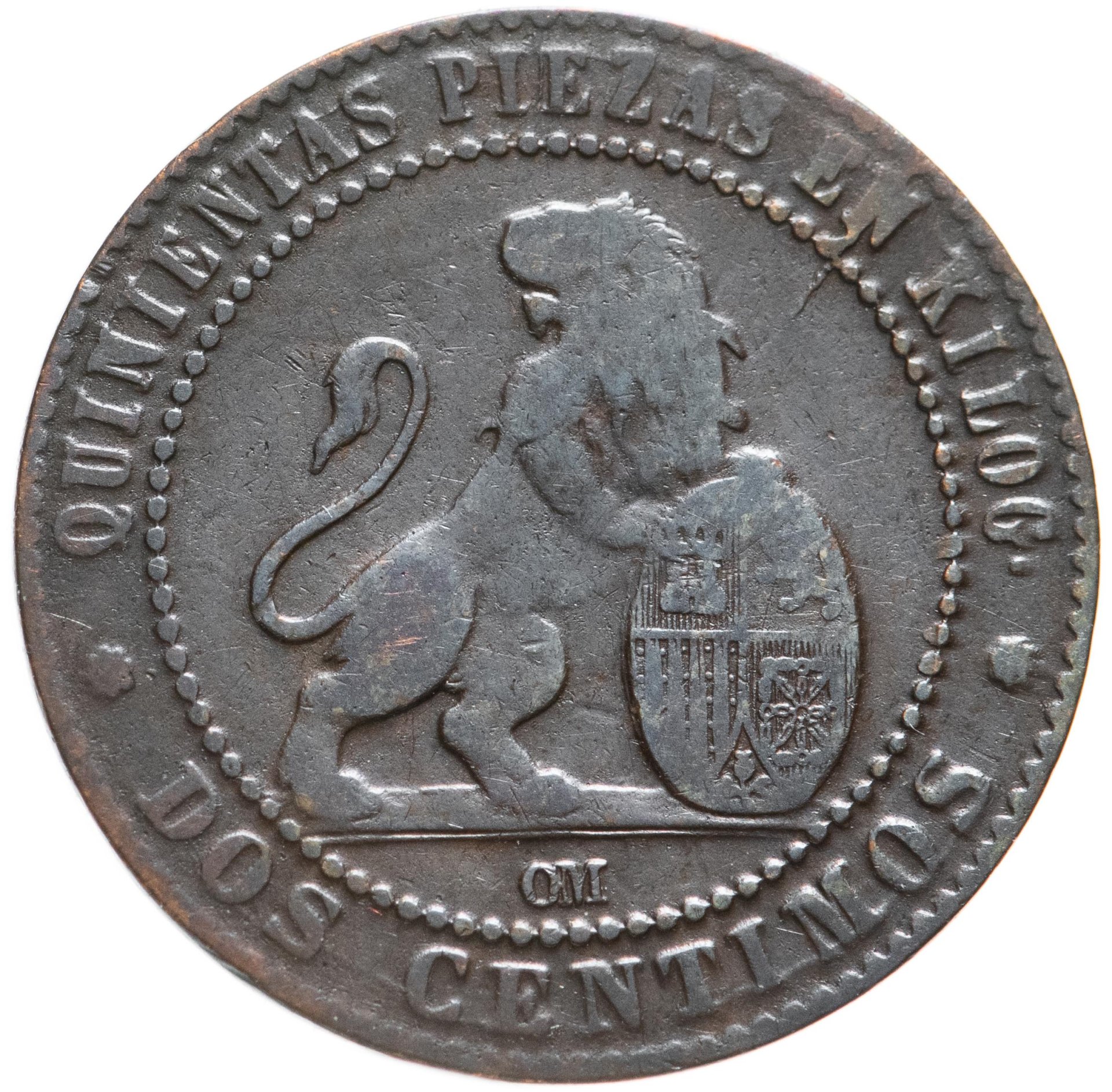 Монета Испания 2 сентимо (centimos) 1870 стоимостью 350 руб.