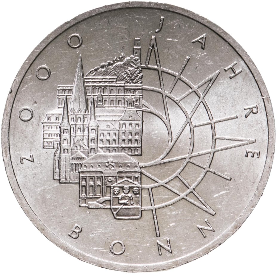 Монета Германия 10 марок 1989 "2000 лет городу Бонн" стоимостью 2116 руб.