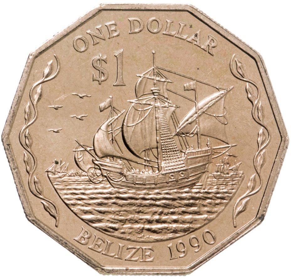 Монета Белиз 1 доллар (dollar) 1990 "Парусник" стоимостью 500 руб.