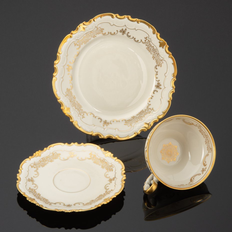 Чайное трио с изящным ажурным декором, фарфор, золочение, Reichenbach (Райхенбах), ГДР, 1969 ...