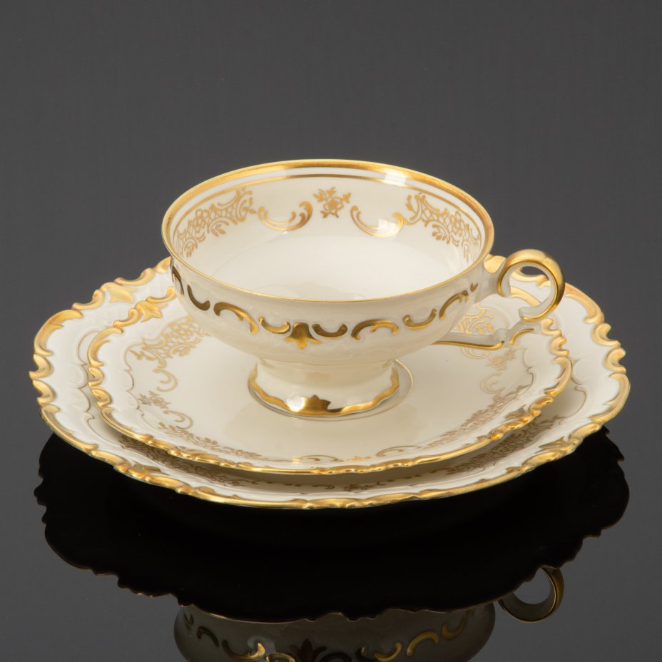 Чайное трио с изящным ажурным декором, фарфор, золочение, Reichenbach (Райхенбах), ГДР, 1969 ...