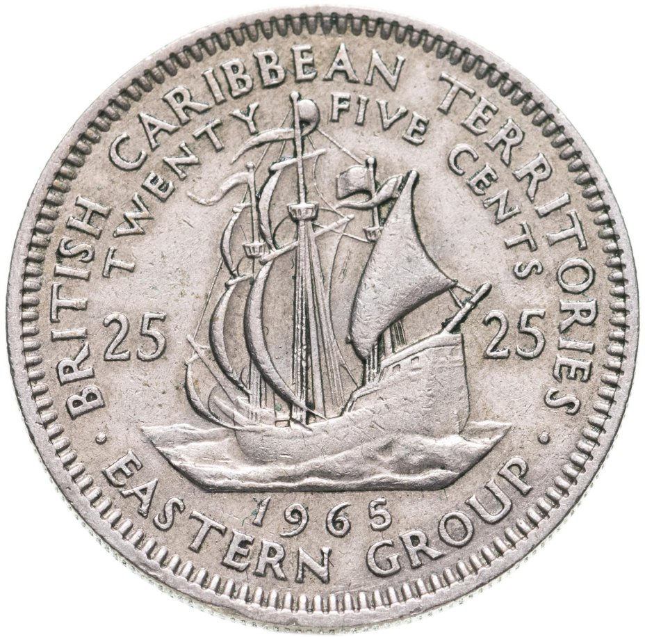 Монета восточные Карибы 25 центов (cents) 1965 стоимостью 346 руб.