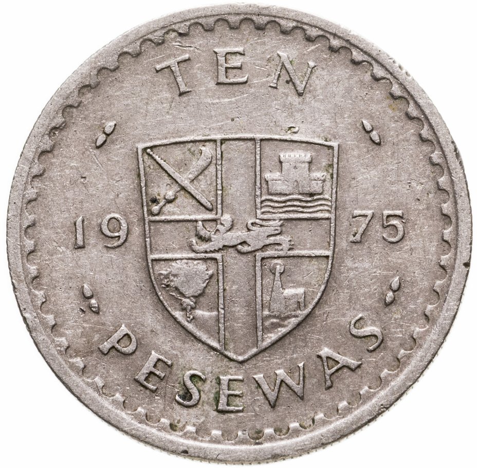 Монета Гана 10 песев (pesewas) 1975 стоимостью 398 руб.