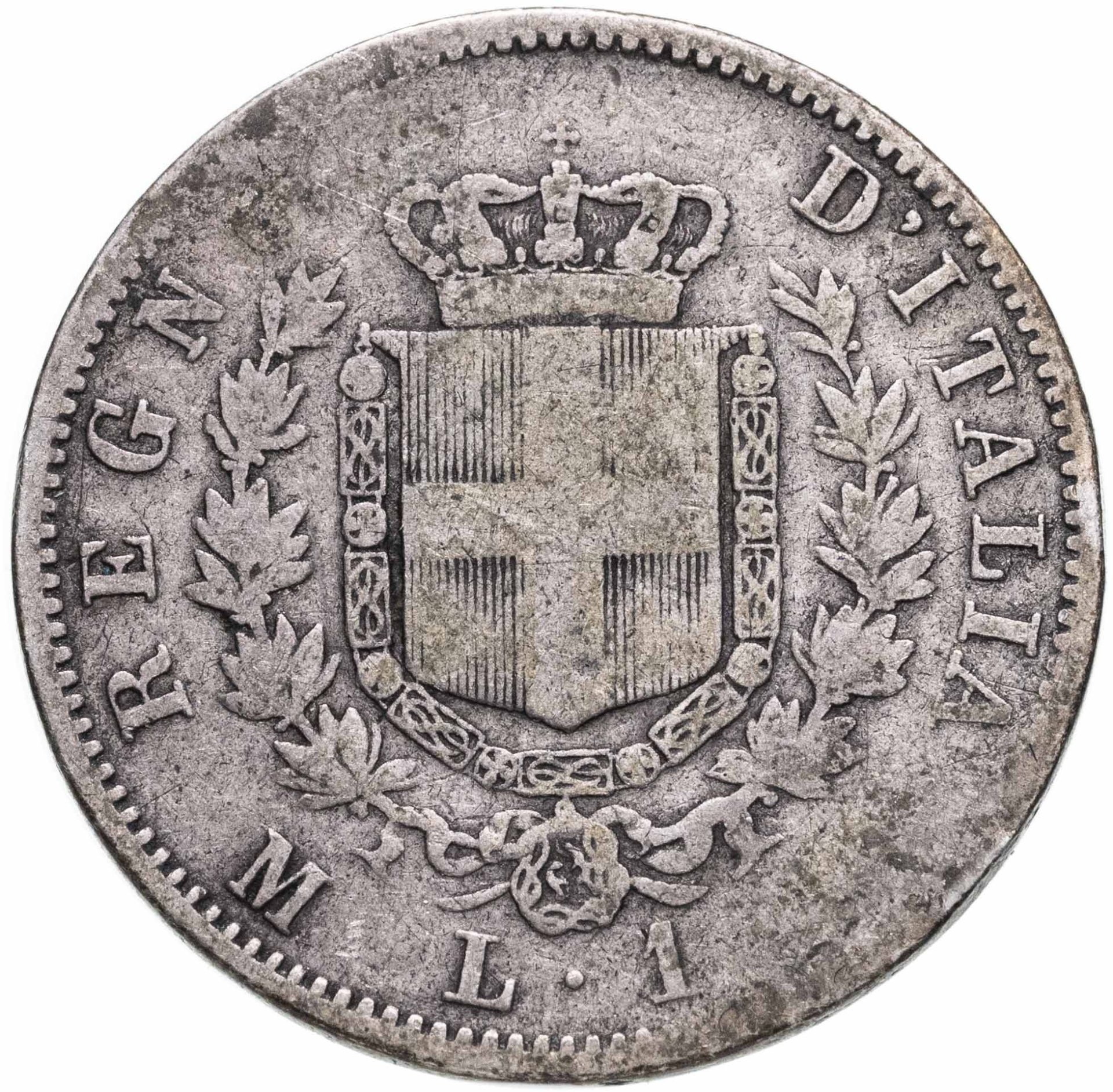 Италия 1 лира (lira) 1867 (щит на реверсе), знак монетного двора: "M ...