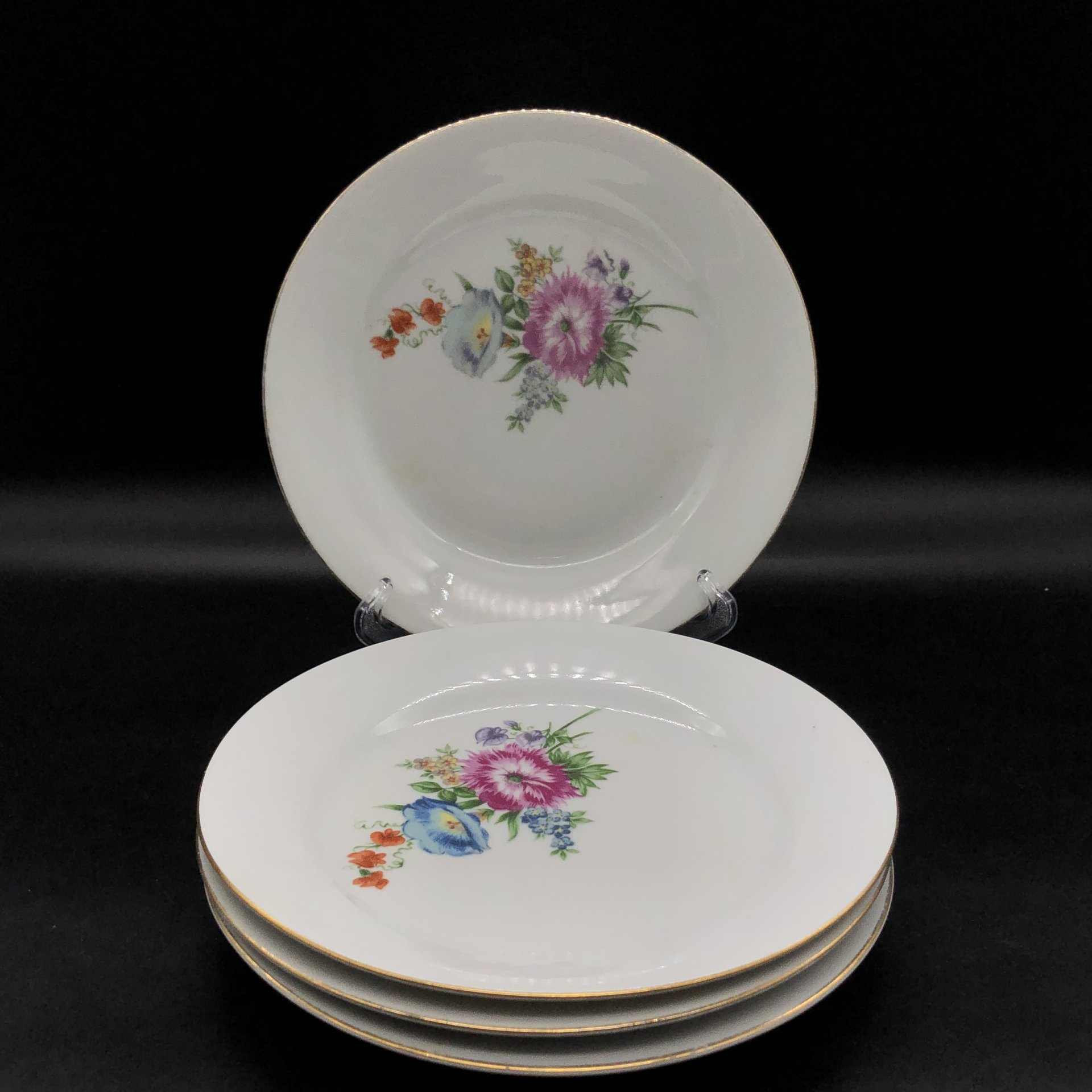 Набор из четырёх десертных тарелок с цветочным декором, фарфор, деколь, золочение, Kahla, ГДР ...