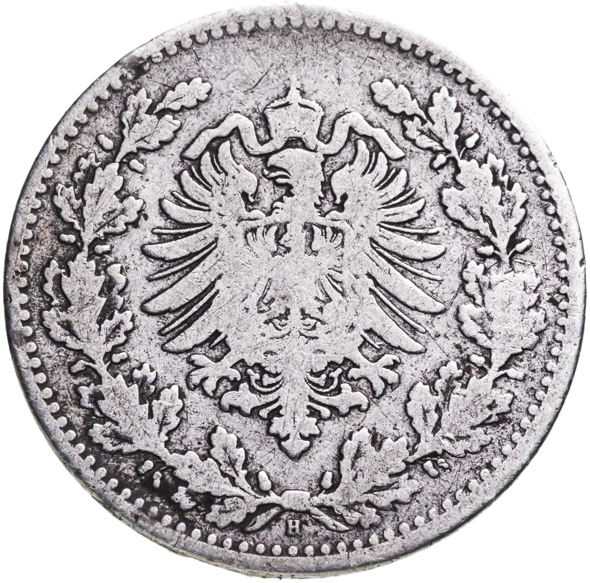 Германия 50 пфеннигов (pfennig) 1877 H Венок на аверсе знак монетного ...