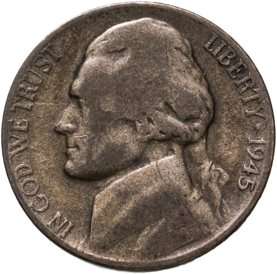 Монета США 5 центов (cents) 1945 "D" стоимостью 550 руб.