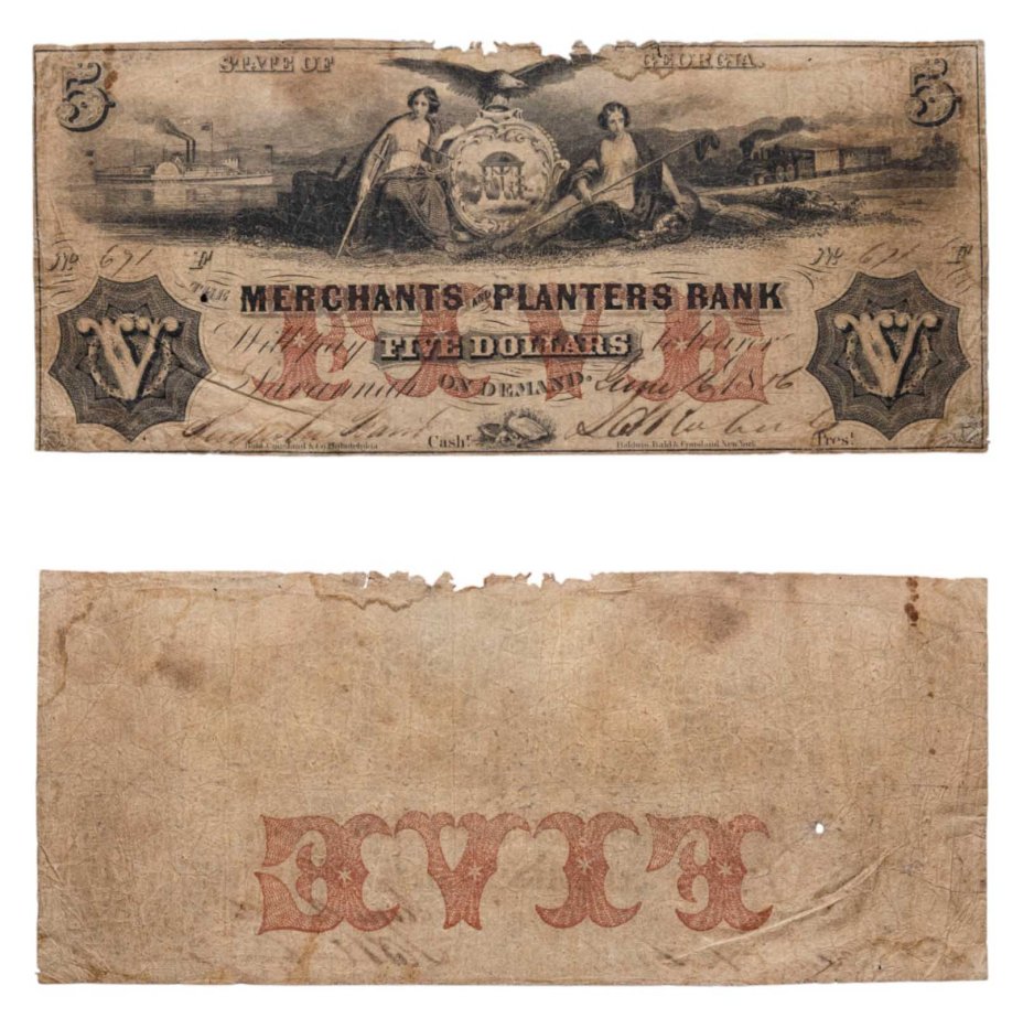 Банкнота джорджия, Merchants and Planters Bank 5 долларов 1856 ...