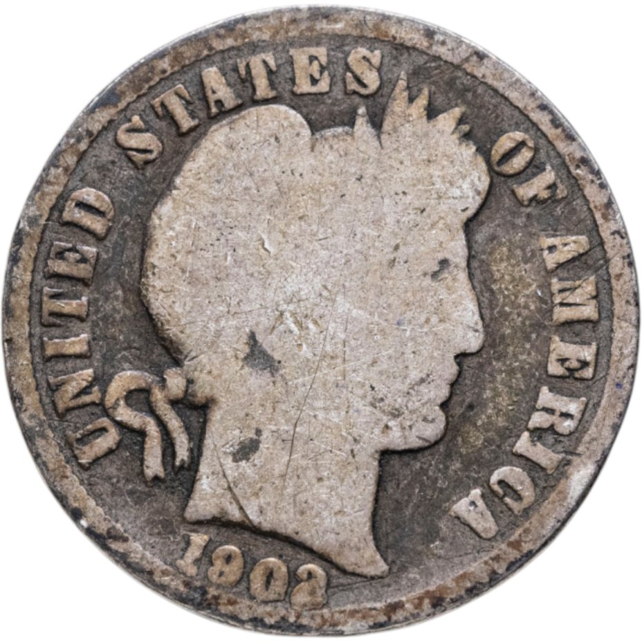 США 10 центов (дайм, one dime) 1902 Barber Dime Без отметки монетного ...