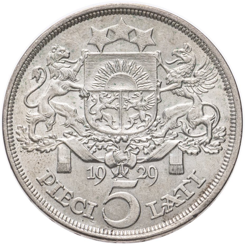 Монета Латвия 5 латов (lati) 1929 стоимостью 4180 руб.