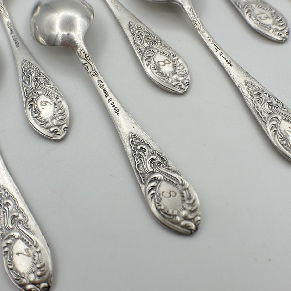 Набор из двенадцати кофейных ложек с растительным декором и маркировкой "Приморский", мНЦ (медь ...