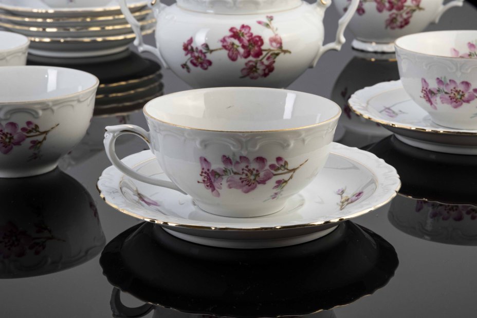 Набор для подачи чая на 6 персон (14 предметов), фарфор, деколь, золочение, Kahla, Германия ...