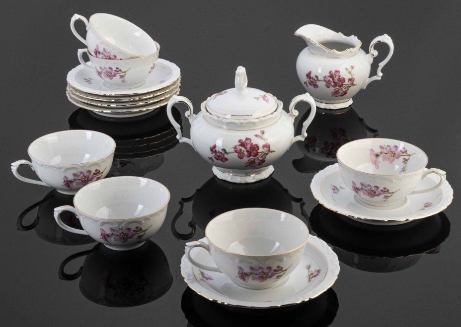 Набор для подачи чая на 6 персон (14 предметов), фарфор, деколь, золочение, Kahla, Германия ...