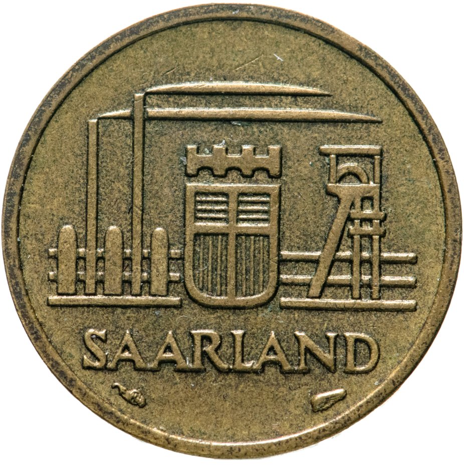 Монета саар 10 франков (francs) 1954 стоимостью 750 руб.