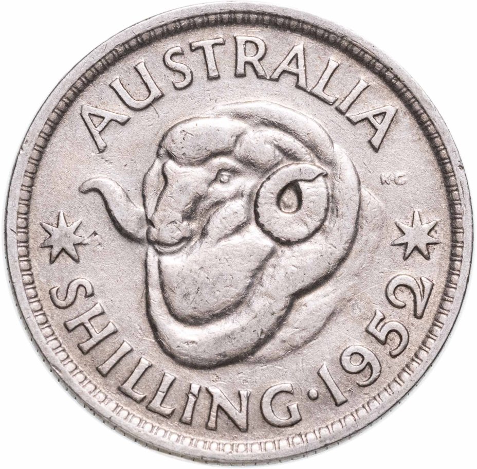 Монета Австралия 1 шиллинг (shilling) 1952 стоимостью 657 руб.
