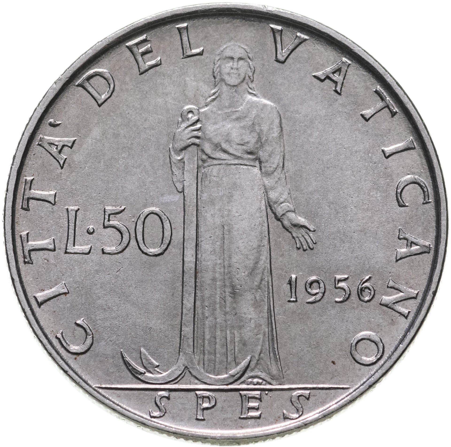 Монета Ватикан 50 лир 1956 стоимостью 466 руб.