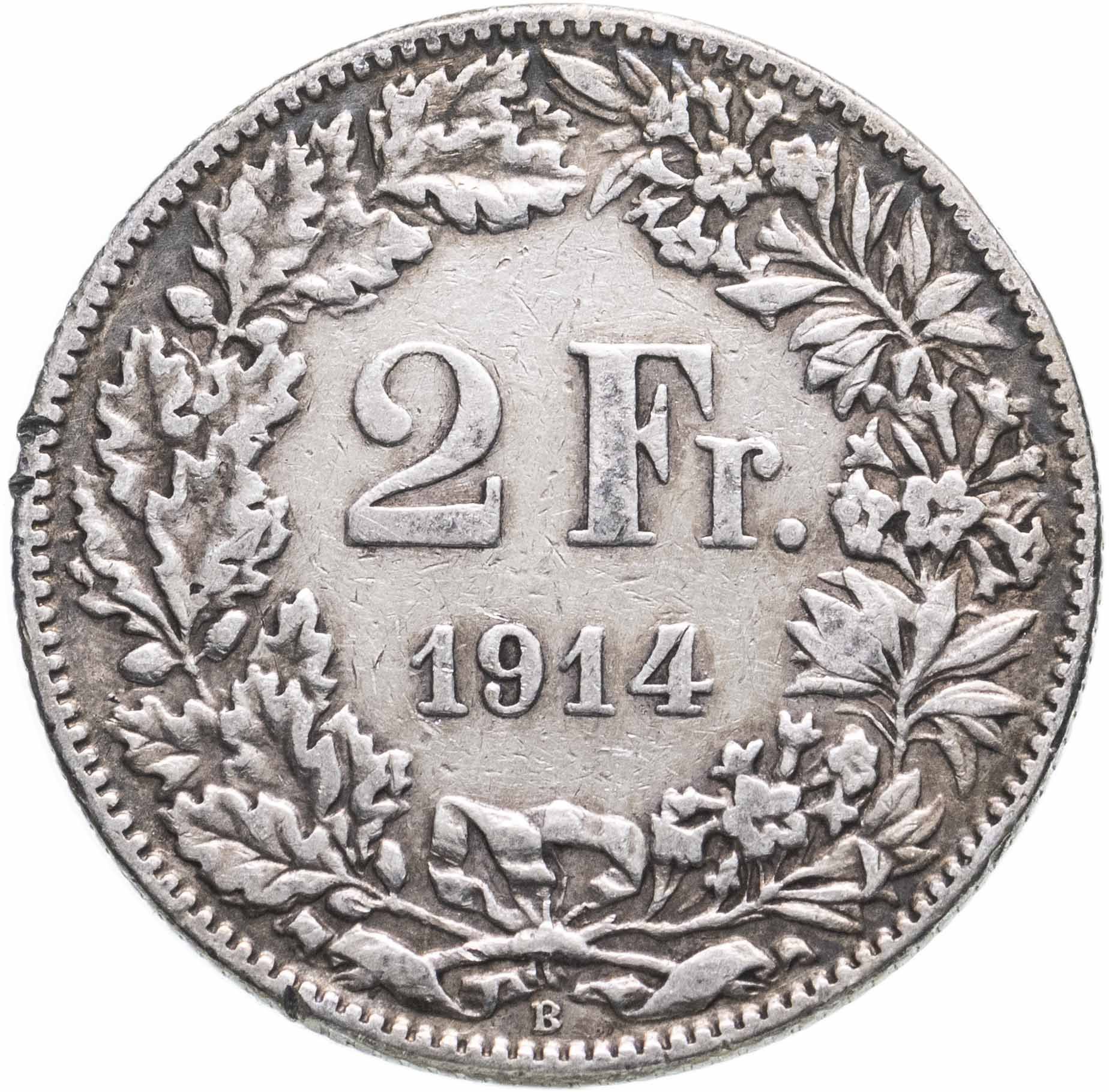 Монета Швейцария 2 франка (francs) 1914 стоимостью 2450 руб.