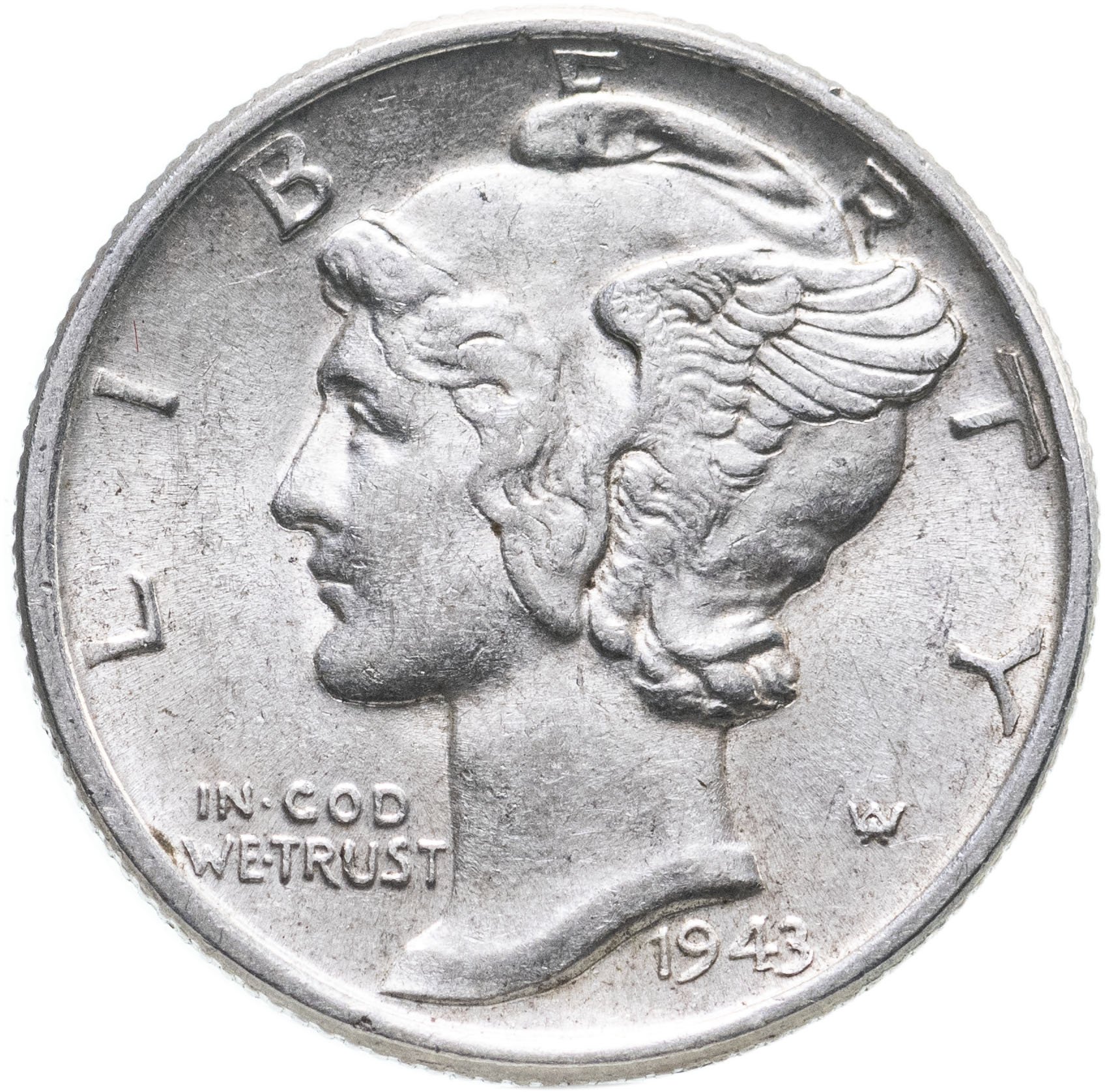 США 10 центов (дайм, one dime) 1943 Mercury Dime (дайм «Меркурий») без ...