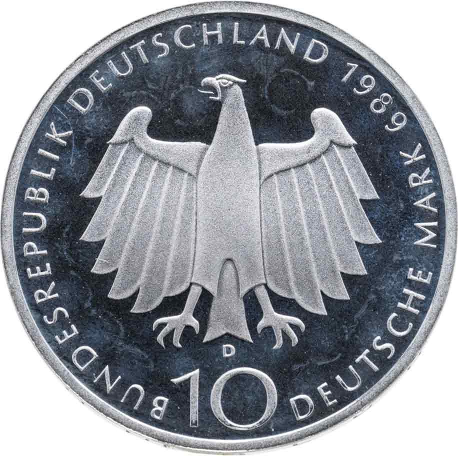 Монета Германия 10 марок 1989 "2000 лет городу Бонн" стоимостью 2350 руб.