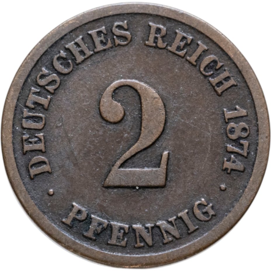 Монета германская империя 2 пфеннига (pfennig) 1874 G - Карлсруэ ...