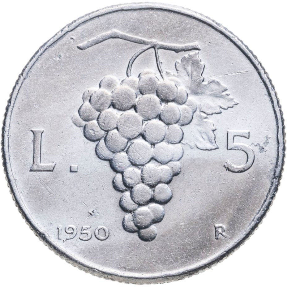 Монета Италия 5 лир (lire) 1950 стоимостью 250 руб.