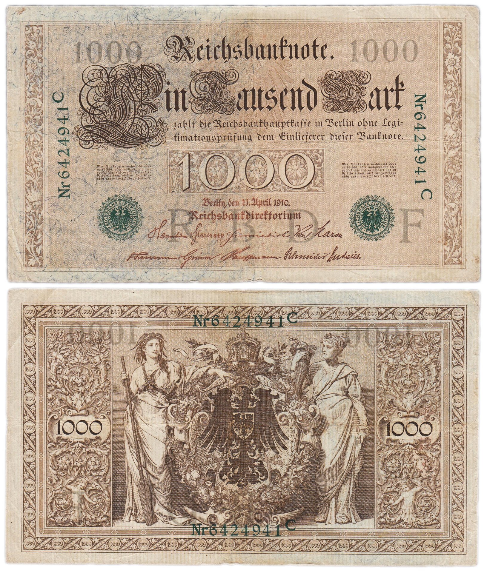 Банкнота Германия 1000 марок 1910 (Pick Ro.46а) синяя печать стоимостью ...