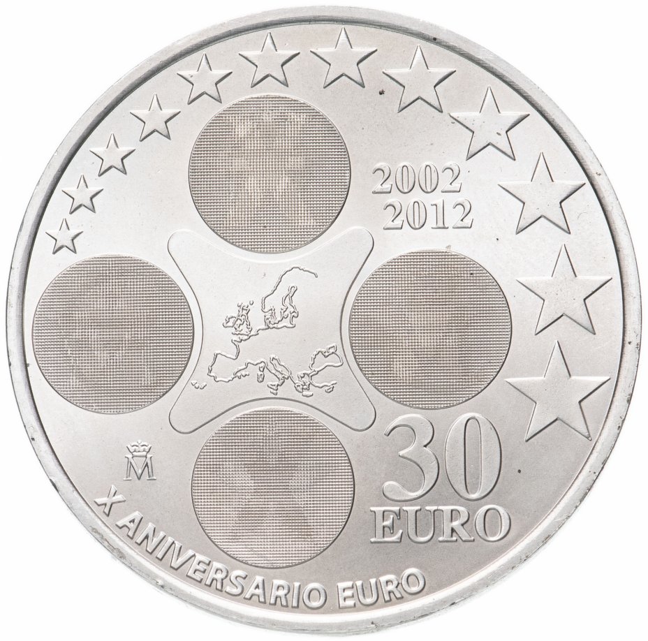 Монета Испания 30 евро (euro) 2012 10 лет Евро стоимостью 1550 руб.