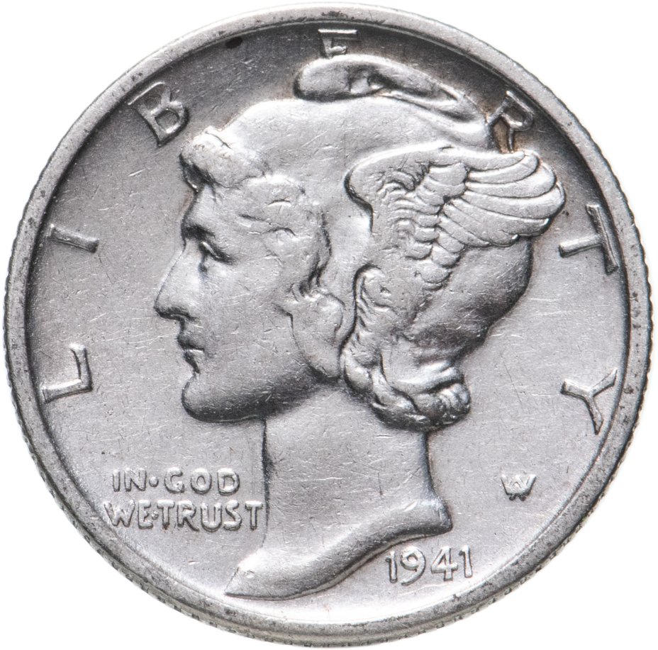 Монета США 10 центов (дайм, one dime) 1941 Mercury Dime (дайм «Меркурий ...