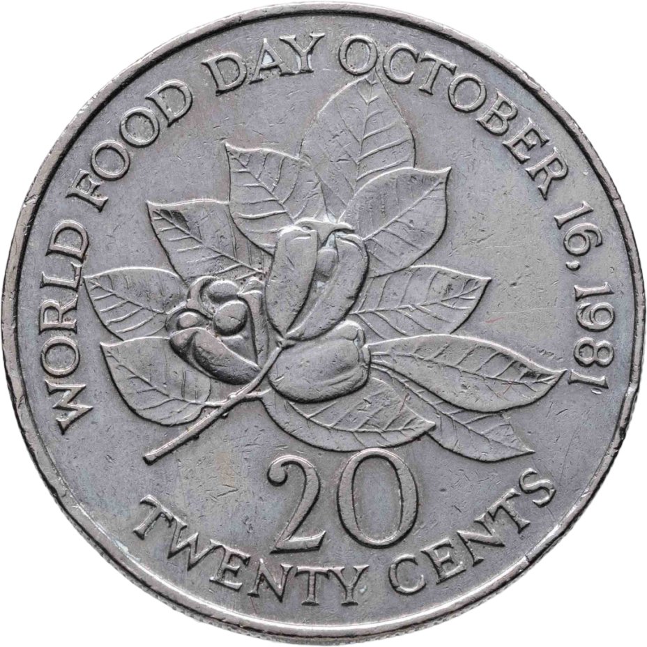 Монета ямайка 20 центов (cents) 1985 ФАО - WORLD FOOD DAY OCTOBER 16. ...