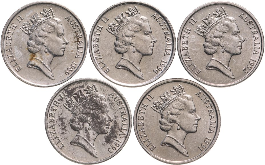 Австралия набор из 5 монет 5 центов (cents) 1989-1994 стоимостью 371 руб.