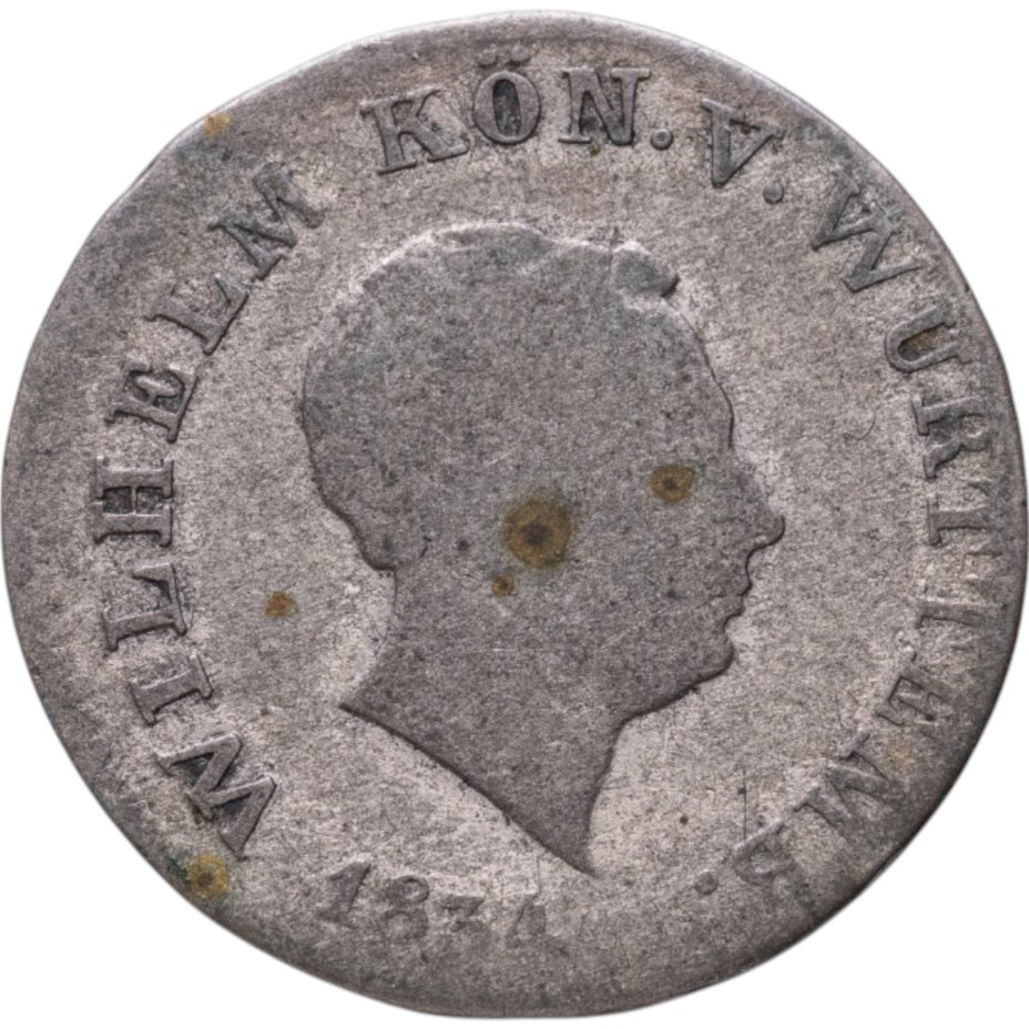 Монета германия, Вюртемберг 6 крейцеров 1834 стоимостью 990 руб.