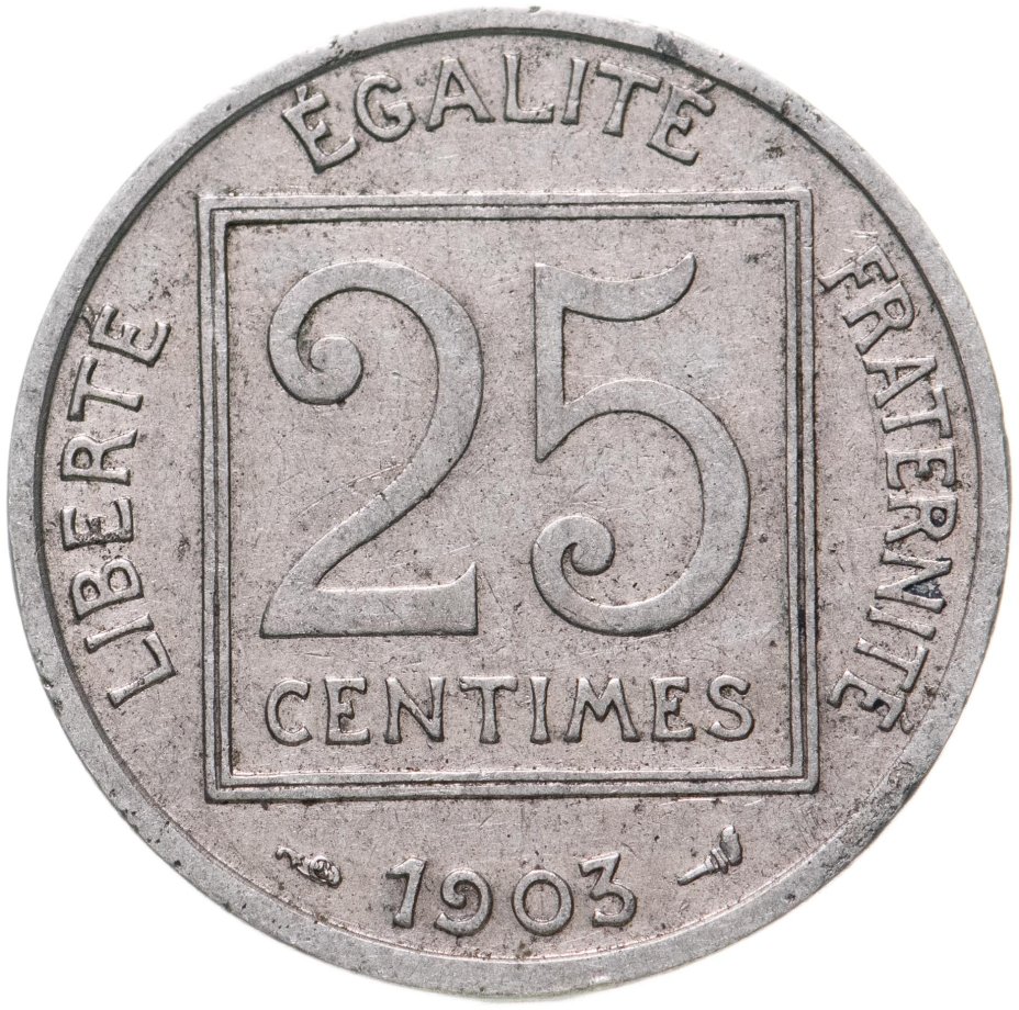 Монета Франция 25 сантимов 1903 стоимостью 350 руб.
