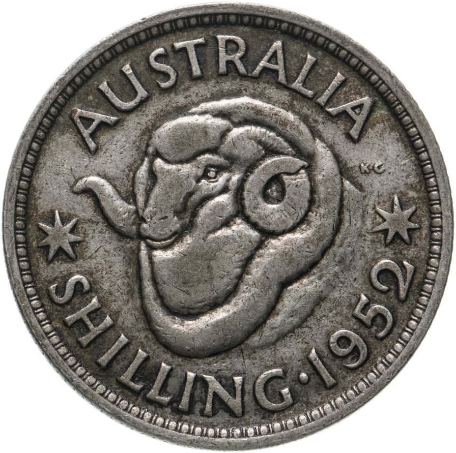 Монета Австралия 1 шиллинг (shilling) 1952 стоимостью 666 руб.
