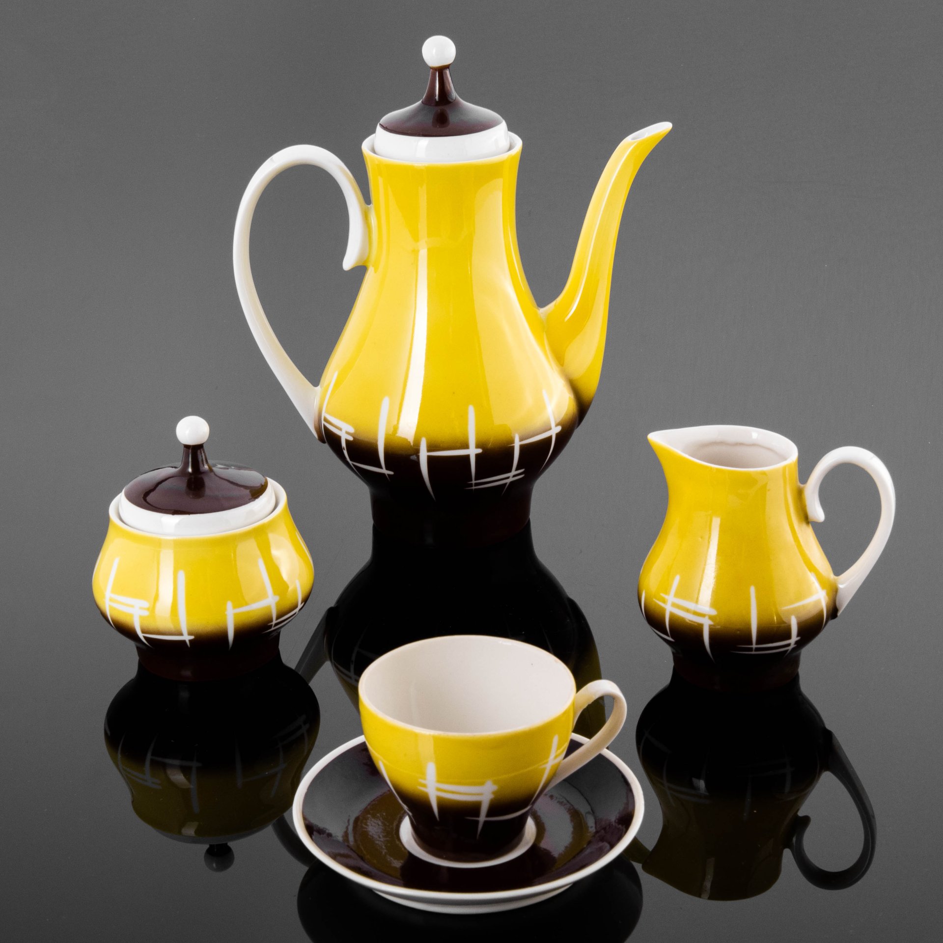 Сервиз кофейный в жёлто-коричневой гамме на одну персону (5 предметов), фарфор, крытье, Kahla ...