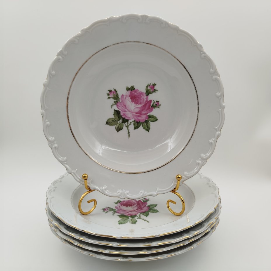 Набор из пяти суповых тарелок "Роза", фарфор, деколь, золочение, Kahla, Германия, 1937-1957 гг ...