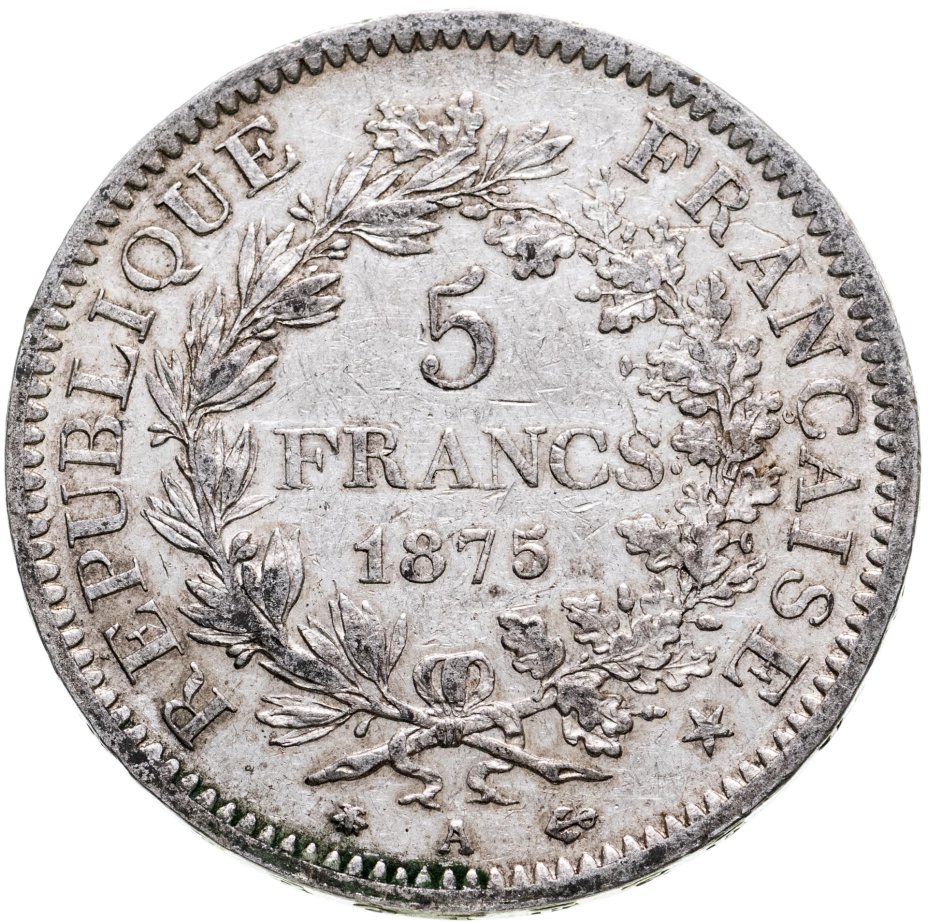 Монета Франция 5 франков (francs) 1875 стоимостью 4762 руб.