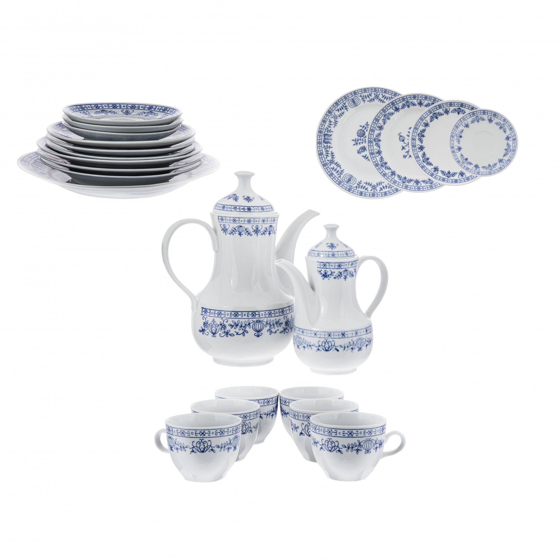 Чайный сервиз 18 предметов с растительным декором "Луковый узор", фарфор, роспись, мануфактура ...