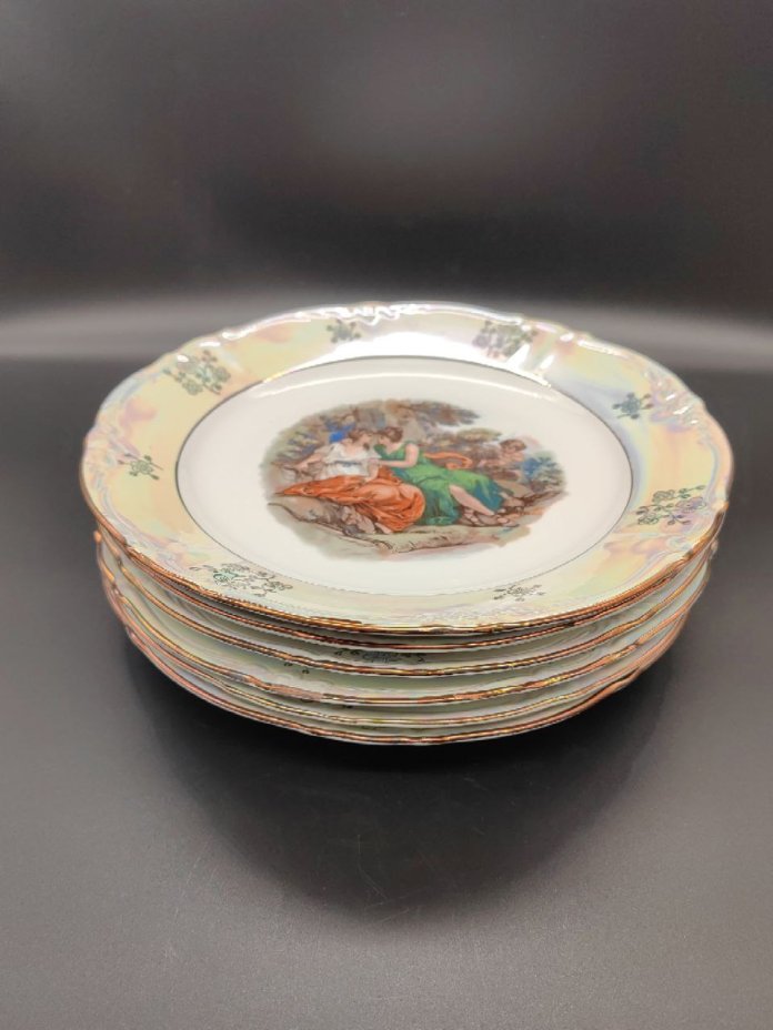 Набор из 6 тарелок с фигурным бортом, фарфор, деколь, люстр, золочение, Kahla, Германия, 1957 ...