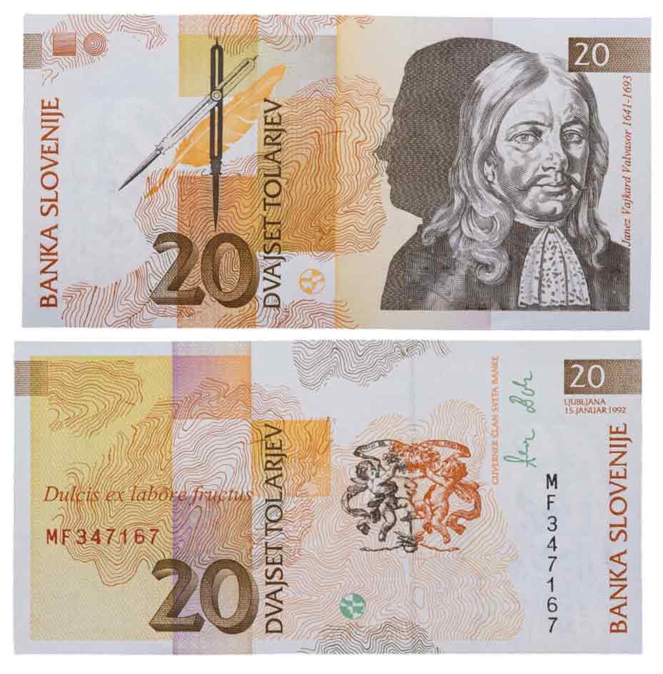 Банкнота Словения 20 толаров 1992 стоимостью 654 руб.