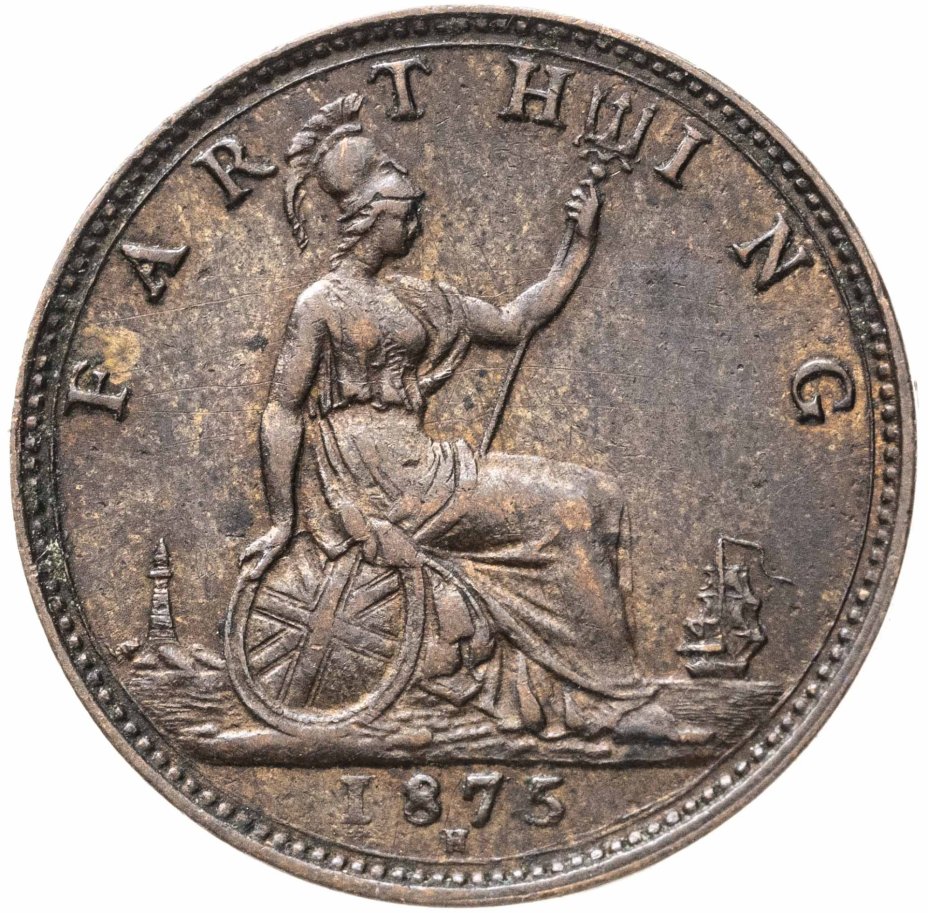 Монета Великобритания 1 фартинг (farthing) 1875 стоимостью 1200 руб.