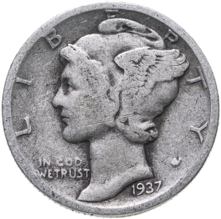 Монета США 10 центов (дайм, one dime) "S" 1937 стоимостью 570 руб.