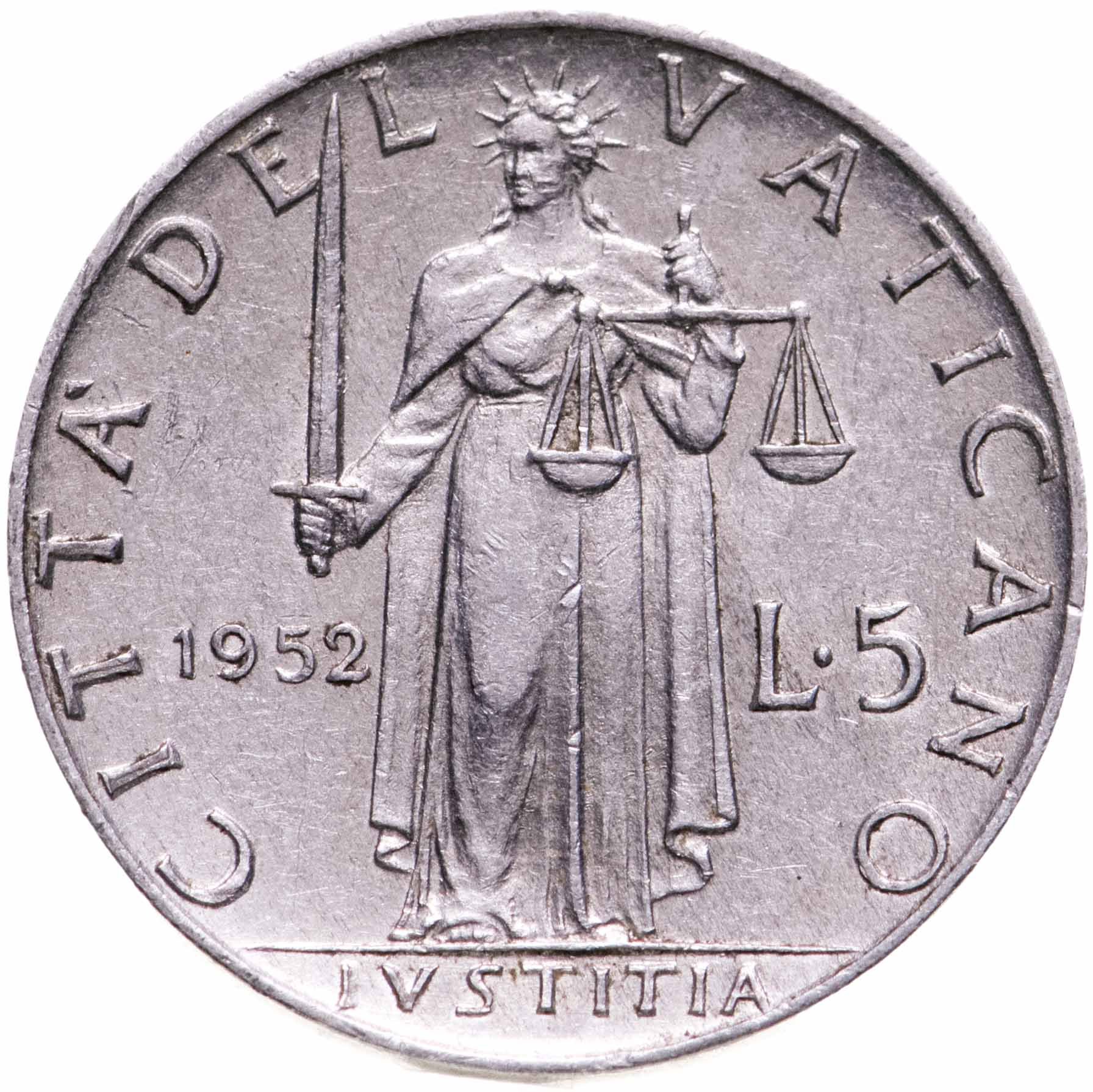 Монета Ватикан 5 лир (lire) 1952 стоимостью 466 руб.