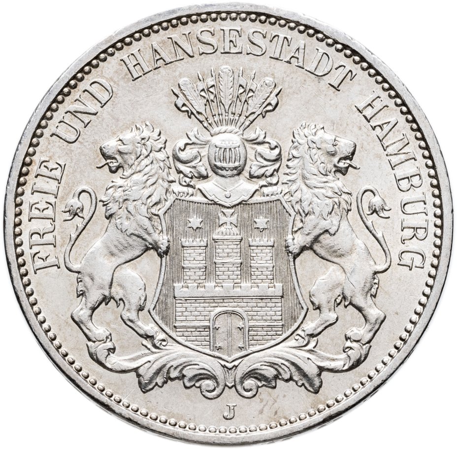 Монета германская империя, Гамбург 3 марки (mark) 1913 стоимостью 9150 руб.