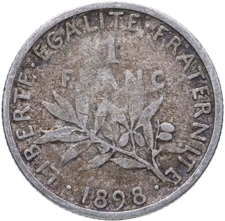 Монета Франция 1 франк (franc) 1898 стоимостью 1325 руб.