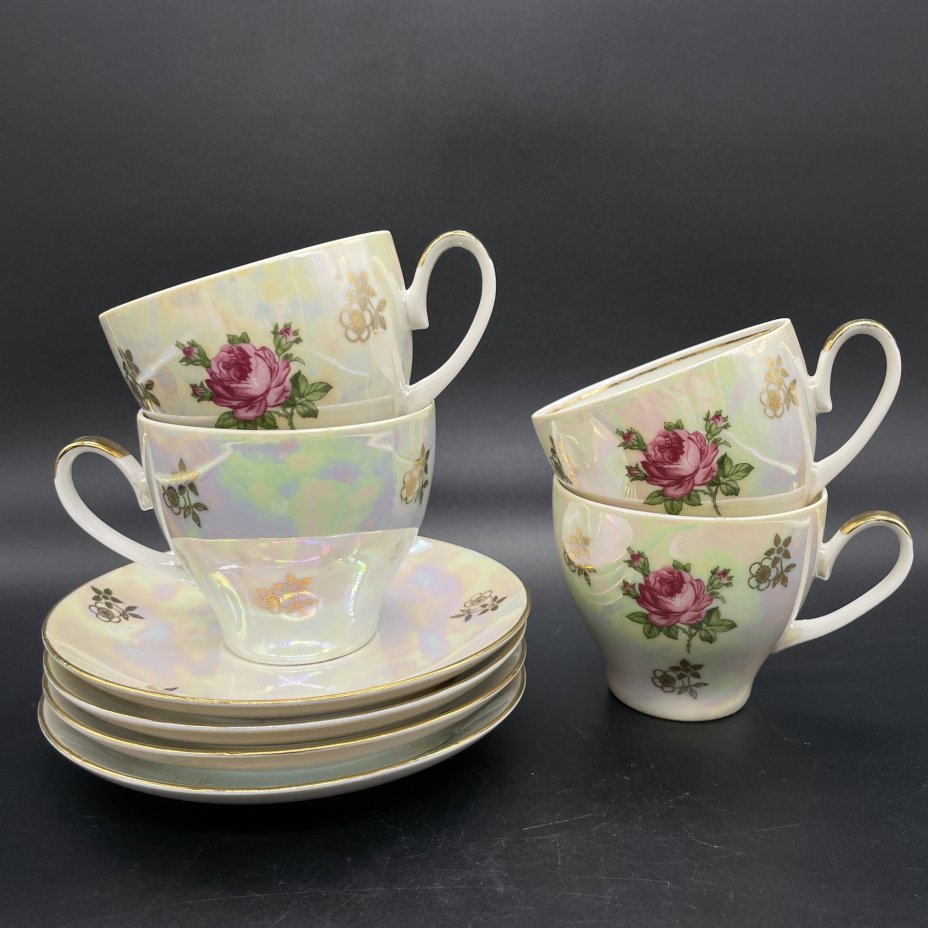 Набор из 4-х чайных пар, украшенных цветочным декором, фарфор, деколь, золочение, Kahla, ГДР ...