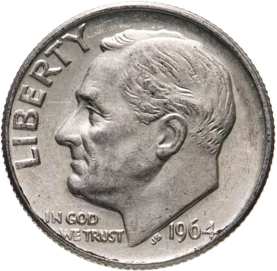 Монета США 10 центов (дайм, one dime) 1964 "Silver Roosevelt Dime ...